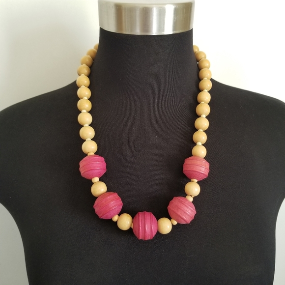 Jewelry | Pink Tan Wood Bead Necklace | Poshmark
